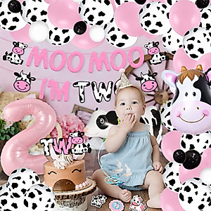 140 PCS Moo Moo Im Two Birthday Decorations Cow 2nd Birthday Banner Cow Two Cake Topper Balloon Sticker for Two Years Old Girl Boy Holy Cow Theme Party Supplies Glitter Pink Decoration