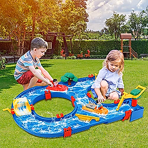 VATOS Water Toy for Kids,39pcs DIY Mini Water Park Building Blocks Toy on Table or Lawn,Beach, Waterway Playset with 2 Boats, for Kids in Summer Outdoor Backyard