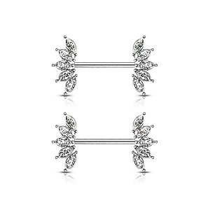 PIERCE ME (2Pcs) Shiny 5 Marquise Crystals Fan Ends Nipple Barbell Rings (Clear)