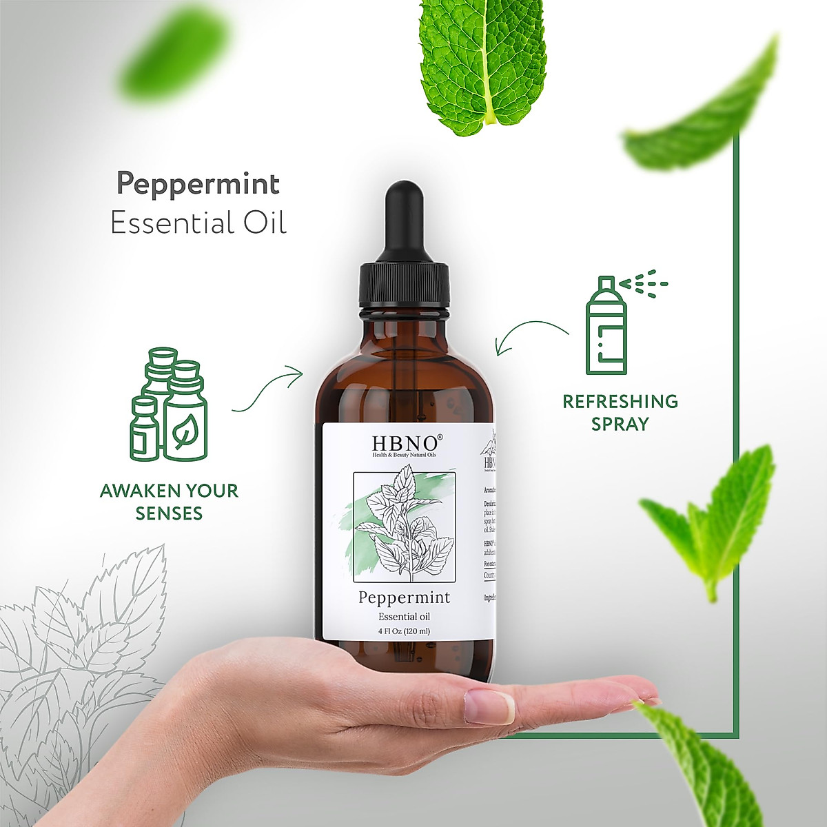 HBNO® California Bottled Peppermint Essential Oil for Diffuser 4 fl oz (120ml) - Natural Peppermint Oil for Hair - Perfect for Aromatherapy & DIY, Essential Oil Peppermint