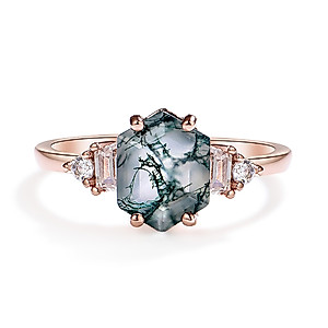 ITI KUOLOLIT Hexagon Natural Moss Agate Gemstone Rings for Women Solid 925 Sterling Silver Ring for Wedding Engagement Jewelry (Moss Agate-White, 6)