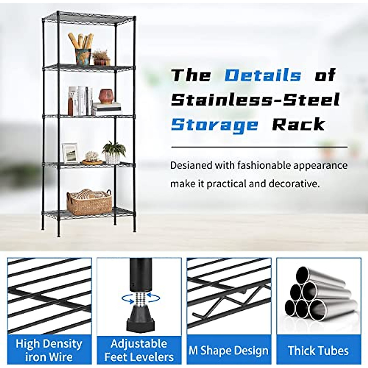 BLKMTY 5-Tier Wire Shelving Unit Metal Storage Shelf 24"x14"x60" Heavy Duty Metal Storage Rack Sturdy Wire Rack for Kitchen Bathroom Garage Shelf Pantry Organization Utility Shelves, Black