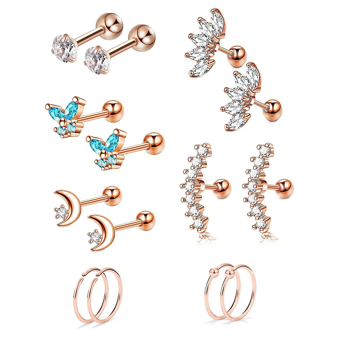 Yachy 7Pairs 16G 20G Cartilage Hoop Earring Cartilage Earring Stud for Women Barbell Piercing Stainless Steel Nose Lip Ring Daith Helix Conch Tragus Earring Piercing Jewelry, Metal, cubic-zirconia