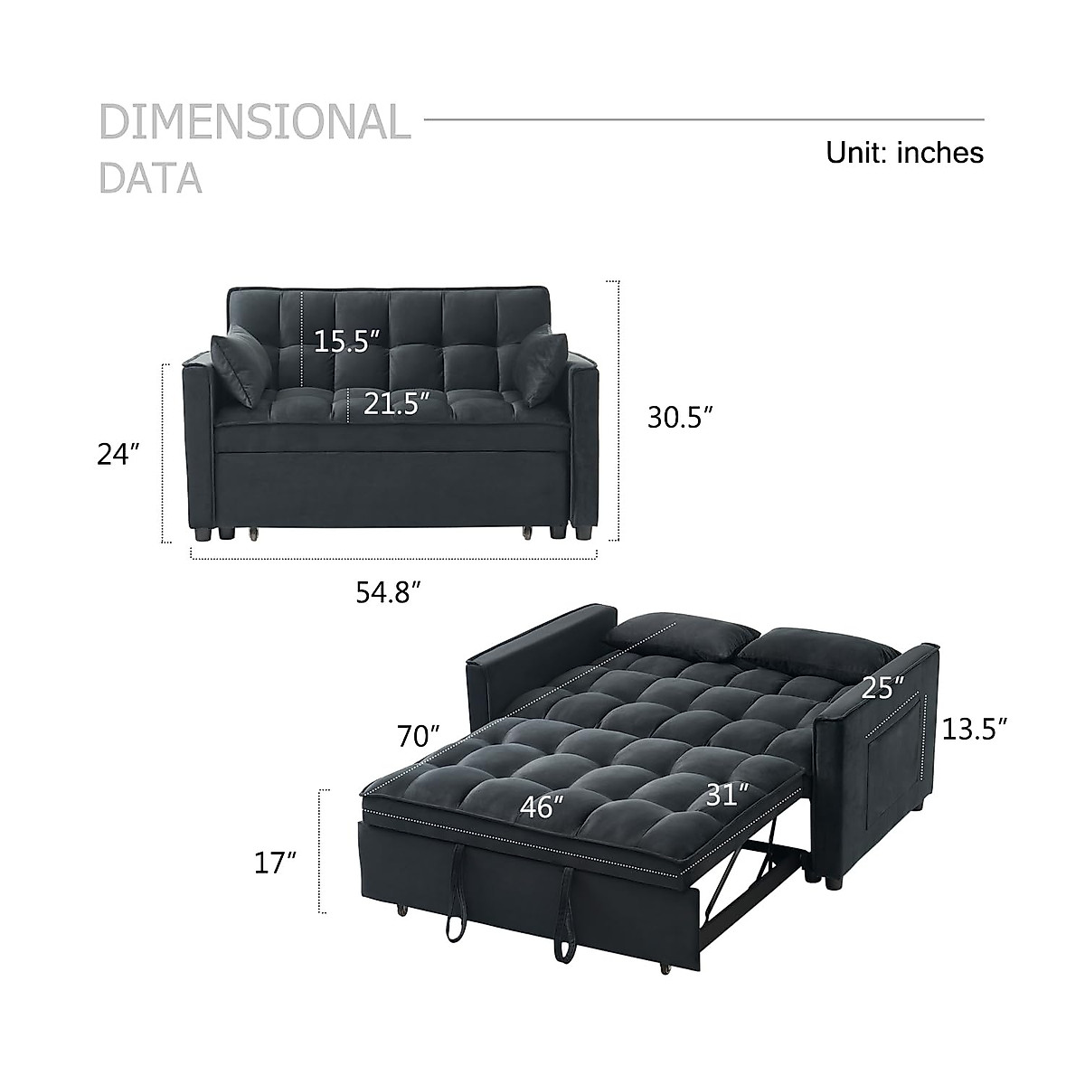 ECHINGLE Sleeper Sofa Bed, 3-in-1 Velvet Pull Out Couch with Armrests, Storage Pockets and 2 Pillows, Adjustable Backrest, Sofa Bed Couch for Living Room, Bedroom(Black)