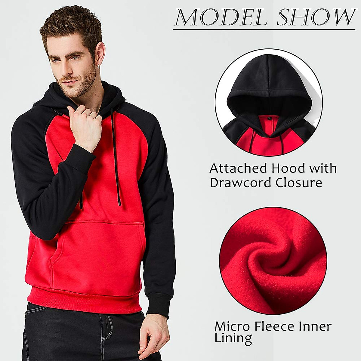 DUOFIER Men Pullover Fleece Hoodie Top Lightweight Long-Sleeve Hooded Sweatshirt, Red-L