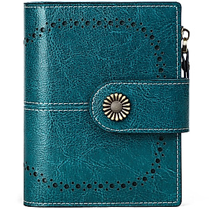 Seammer Small Leather Wallet for Women RFID Blocking Bifold Zipper Pocket Card Case Purse with 2 ID Windows (Blue)