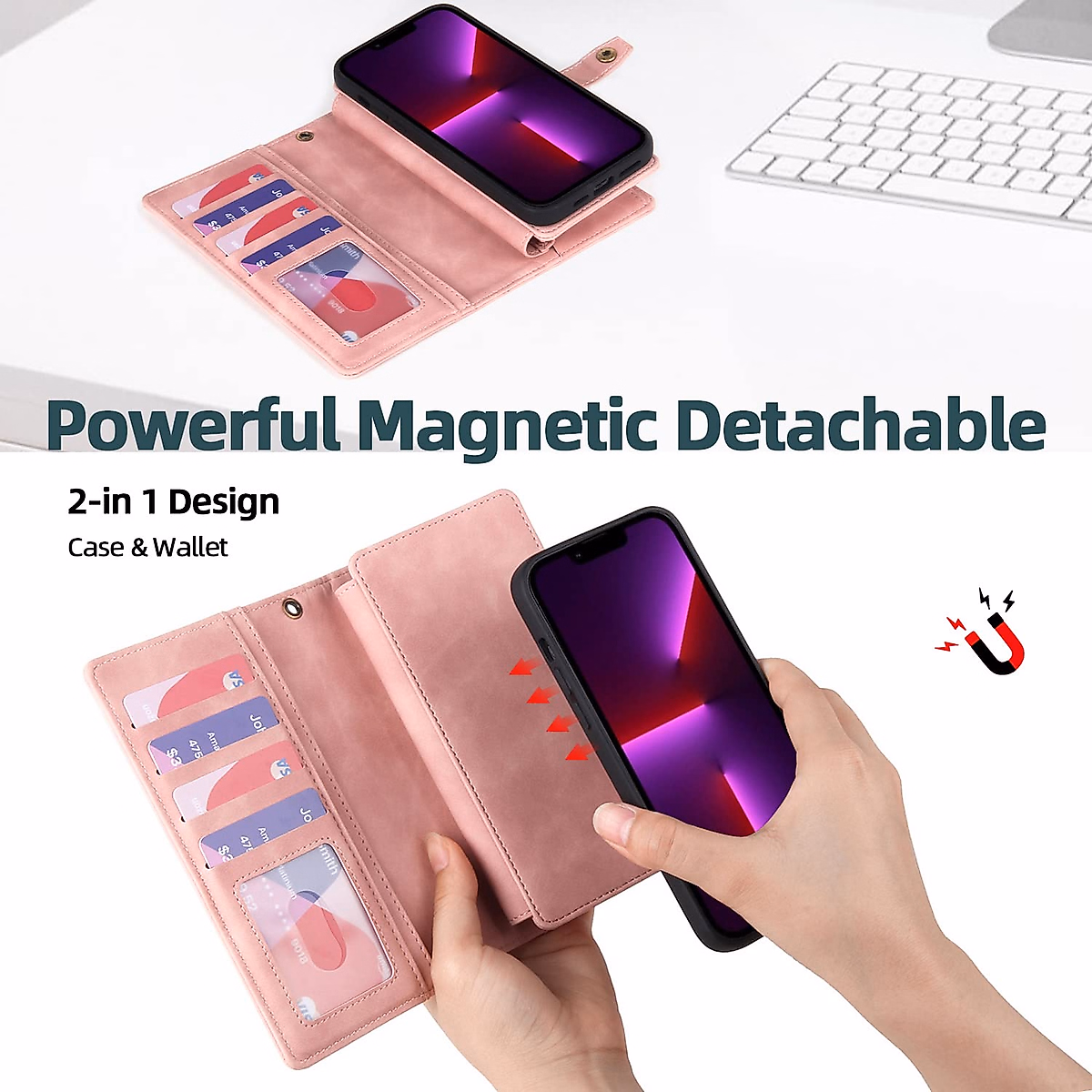 TwoHead for iPhone 11 Wallet case with Card Holder & Detachable Magnetic Phone case, PU Leather case Wallet for Women/Men,Wallet Phone Case (Pink)