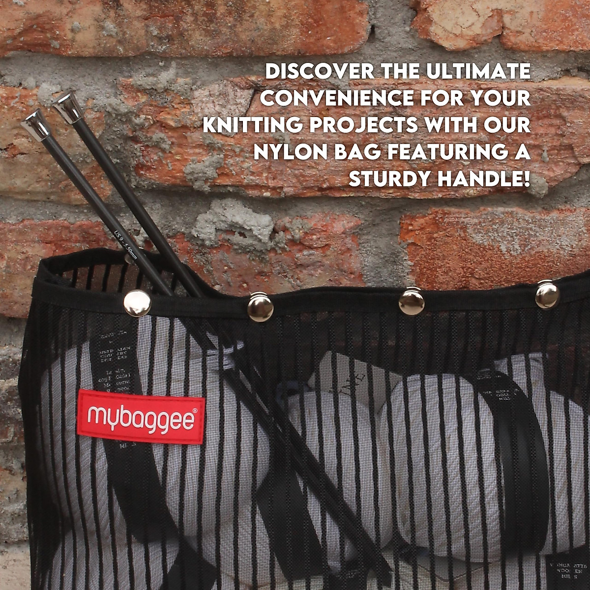 mybaggee Medium 4 Snaps Mesh Travel Knitting Bag with Snap Opening, Lightweight Nylon Storage Pouch for Yarns, Needles and Accessories (Black)