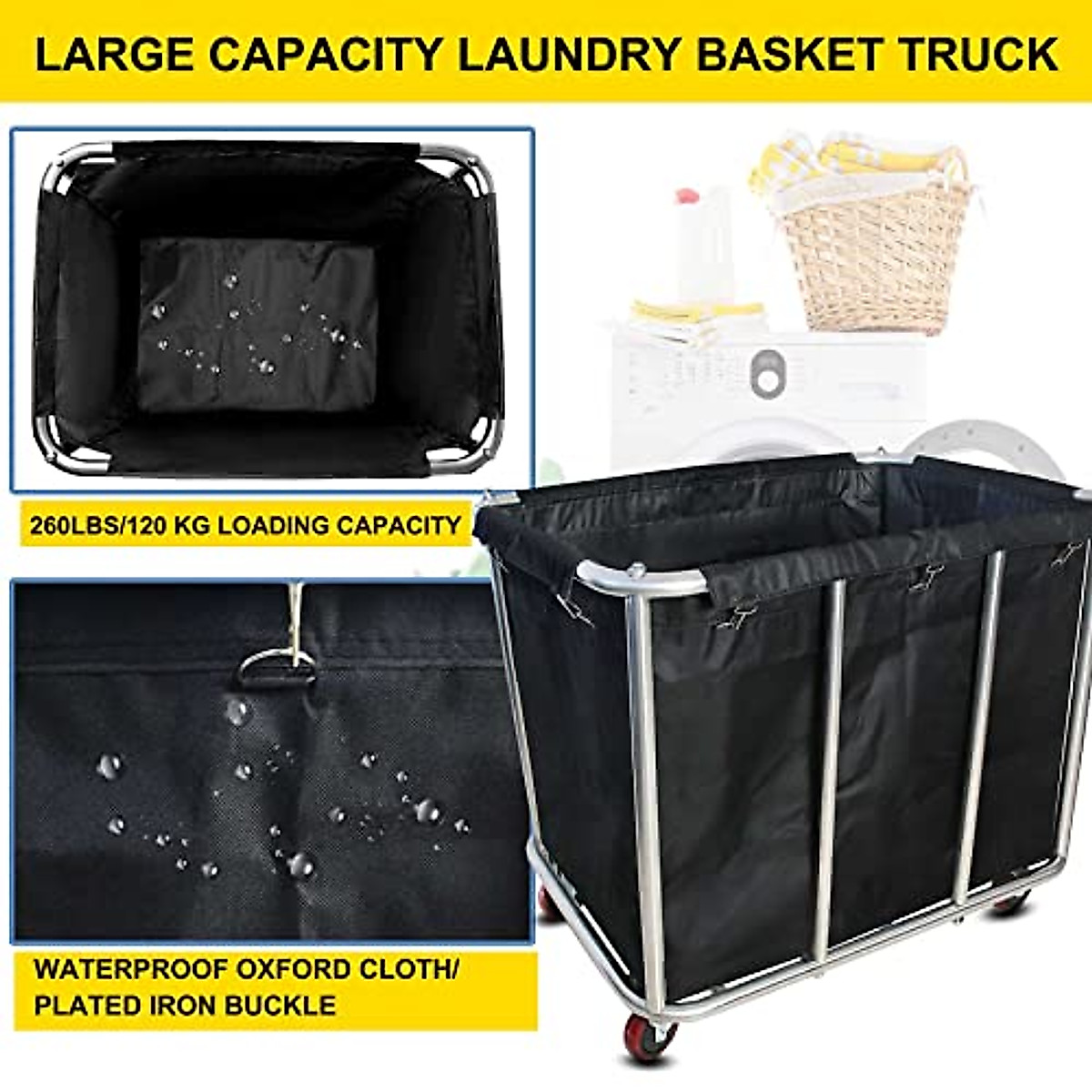 Laundry Cart,Industrial Commercial Large Rolling Laundry Cart Dirty Clothes Bin with Wheels,Heavy Duty Canvas Hamper,11.5 Bushel,260LBS Load Laundry Cart (Black)