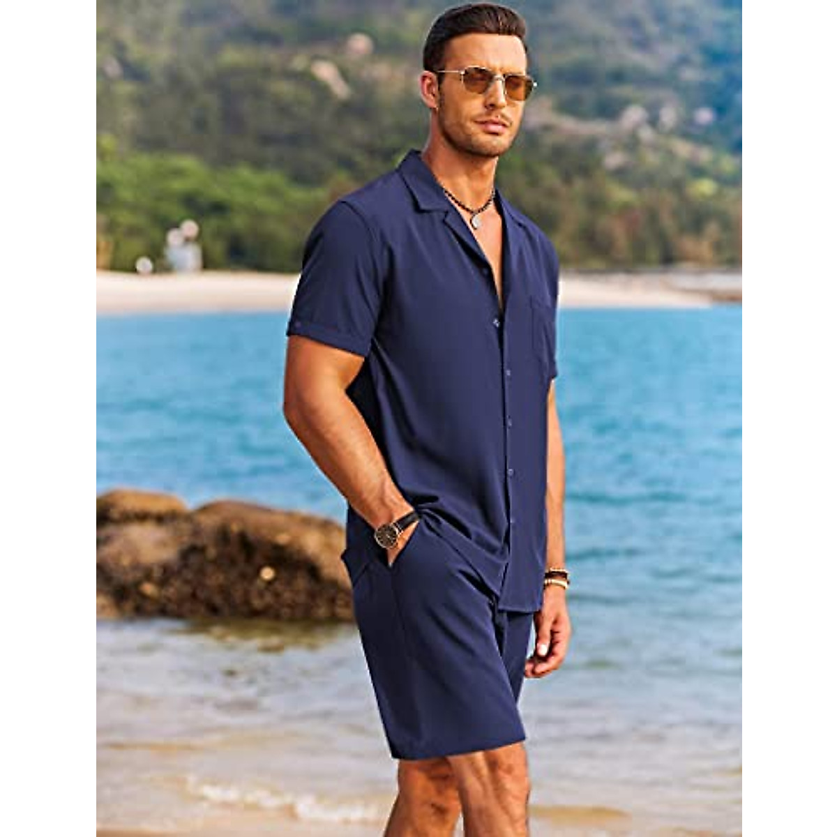 COOFANDY Men's 2 Pieces Shirt Set Short Sleeve Button Down Casual Hippie Holiday Beach T-Shirts Shorts Outfits (Navy Blue, Large)