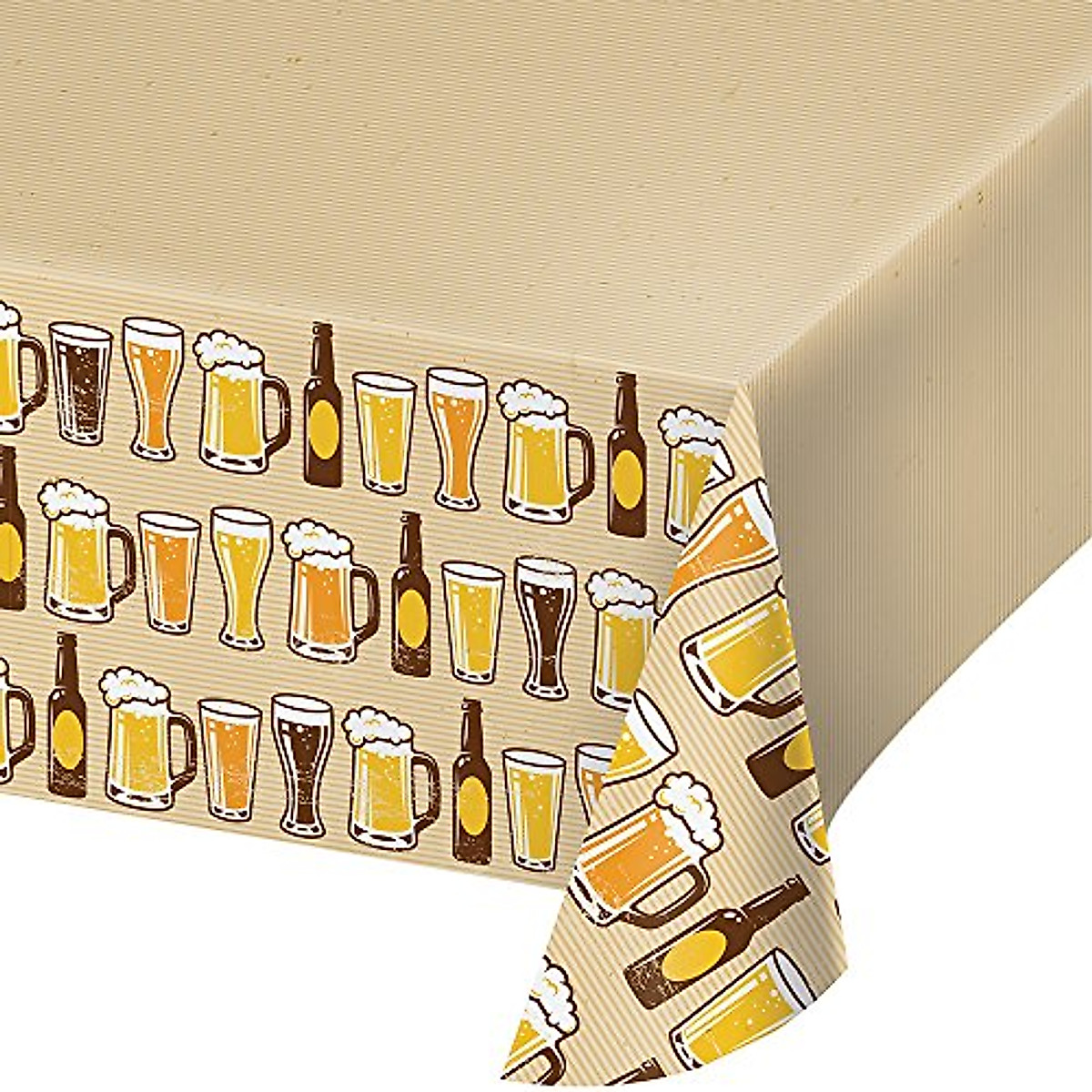 Creative Converting 324453 Cheers & Beers Plastic Border Print Tablecover, 54" x 102", Ivory