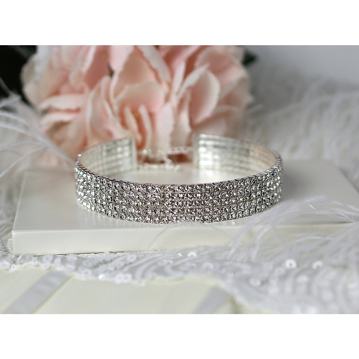 Rhinestone Choker 5 Row Silver by LuxeLife – Women’s Crystal Look Necklace with 5 Inch Extender Chain – Classic Fashion Jewelry Accessories – Matches Earrings and Bracelets Flawlessly