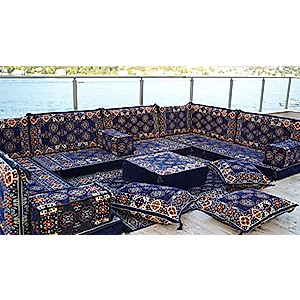Navy Blue U Shaped Arabic Floor Sofa Set, Floor Cushions, Balcony Patio Sofas, Pallet Sofa, Ethnic Sofa, Moroccan Sofas, Sectional Sofas, Pouffs (U Sofa Full Set)