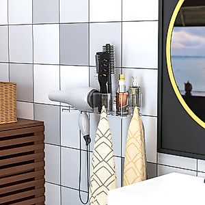 Clear Hair Dryer Holder, Blow Dryer Hanger Wall Mounted for Hair Dryer Hook with Plug&Cord Organizer Self Adhesive for Cabinet Door and Bathroom Organizer and Storage,Pack of 1