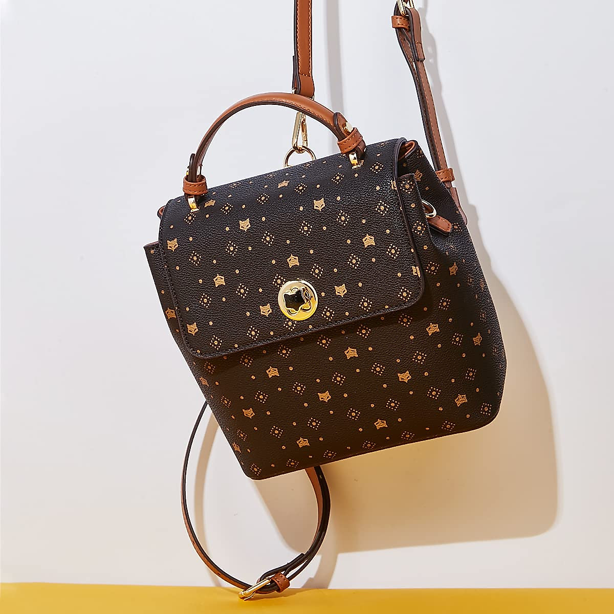 NC FOXER Small Backpack for Women, PVC Artificial Leather Signature Pattern Ladies Crossbody Bags with 2 Adjustable Shoulder Strap (brown)