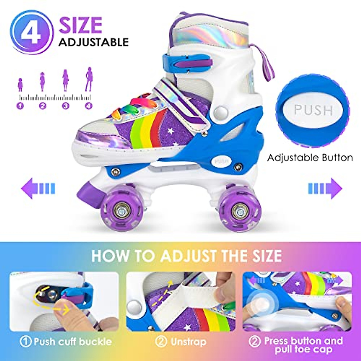 Hawkeye Roller Skates for Girls, 4 Sizes Adjustable Roller Skates for Kids Girls Boys Outdoor Indoor with Light up Wheels (Purple S)