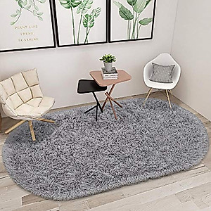 junovo Oval Fluffy Ultra Soft Area Rugs for Bedroom Plush Shaggy Carpet for Kids Room Bedside Nursery Mats, 2.6 x 5.3ft, Grey