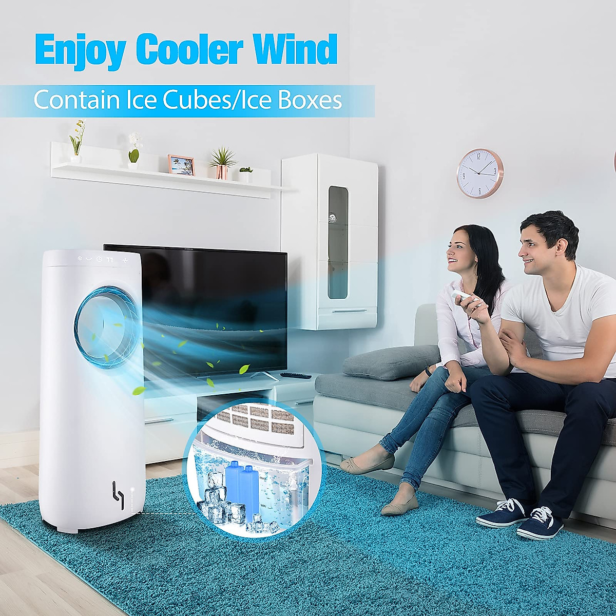 Evaporative Air Cooler - Trustech Portable Air Cooler, Cool & Humidifying with 3 Speeds, 12H Timer Evaporative Cooler, Bladeless Fan Ice Boxes Contained, Remote Control Tower Fan for Large Room Office