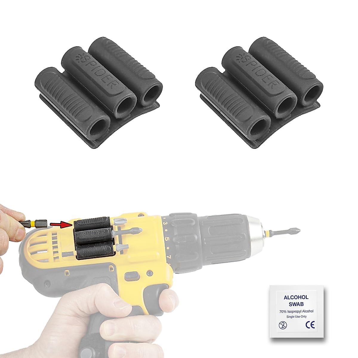 Spider Tool Holster - BitGripper v2 - Pack of Two - High Strength 3M Adhesive Drill add-on for Easy Access to six Driver bits on The Side of Your Power Drill or Driver! - Includes One Alcohol Swab