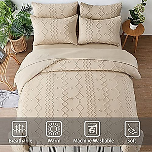 Khaki Tufted Comforter Set Queen with Sheets,7 Pieces Bed in a Bag Boho Comforter Shabby Chic Geometry Embroidery Bedding Set Soft Microfiber Farmhouse Comforter (Queen 90×90 inches)