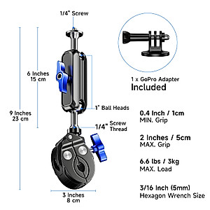 MARTVSEN Camera Mount for Gopro, Super Crab Claw Clamp Camera Mount, 360° Rotation Magic Arm Double Ball Head Adapter Compatible w GoPro Insta, for Motorcycle Bicycle to Record Video Vlog