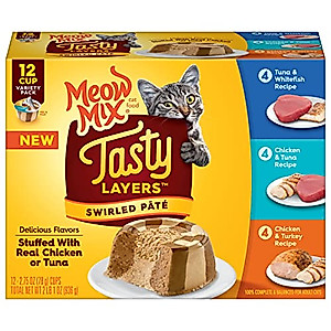 Meow Mix Tasty Layers Swirled Paté Cat Food Variety Pack, 2.75 oz Cup, 12 Pack, 4 Count