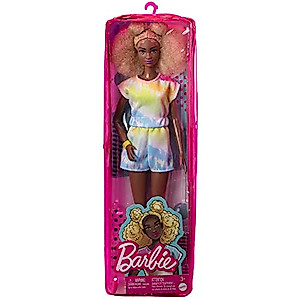 Barbie Fashionistas Doll, Tall, Blonde Afro with Side Puffs, Tie-dye Romper, Sneakers, Yellow Bracelet, Toy for Kids 3 to 8 Years Old