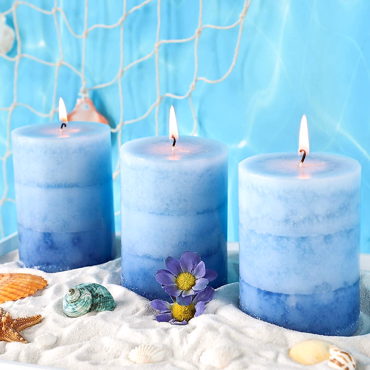 FLAVCHARM Scented Pillar Candles, Blue Candles for Home Scented, Lilac Garden Scented Candles, Long-Lasting Candles Scented Gifts for Women, Wedding Decorations, Bathroom Decor, 3x4 inch Candles