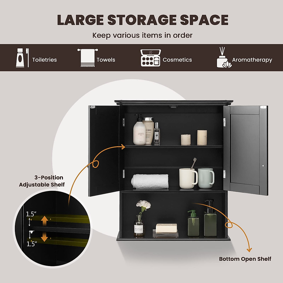 Byroce Bathroom Storage Cabinet Wall Mounted, Wooden Over The Toilet Space Saver with 2 Doors & Adjustable Shelf, Hanging Medicine Cabinets for Bathroom, Living Room, Kitchen (Black)
