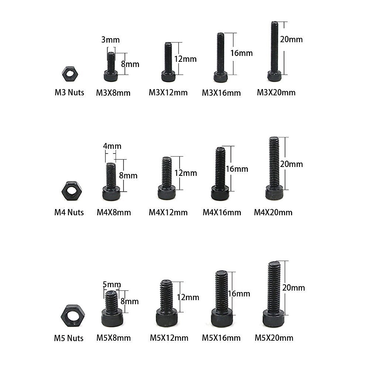 Hilitchi 510-Pcs M3 M4 M5 Alloy Steel Socket Cap Screws Hex Head Bolt Nuts Assortment Kit - 12.9 Grade Alloy Steel (Hex Socket)