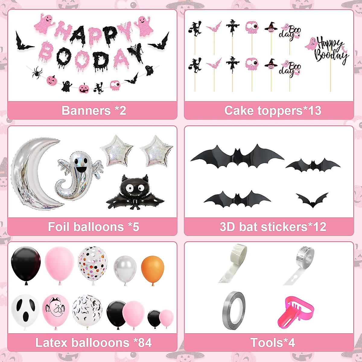 120Pcs Pink Black Halloween Birthday Party Decorations, Happy Boo Day Glitter Banner Ghost Bat Foil Balloons Garland Cake Topper for Girl Kids Halloween Baby Shower Gender Reveal Little Boo Supplies