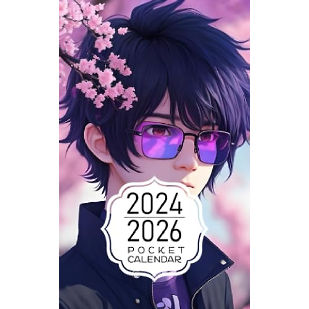 Pocket Calendar 2024-2026: Two-Year Monthly Planner for Purse , 36 Months from January 2024 to December 2026 | Anime character | Pink and purple ... background | Gamer boy in black sunglasses
