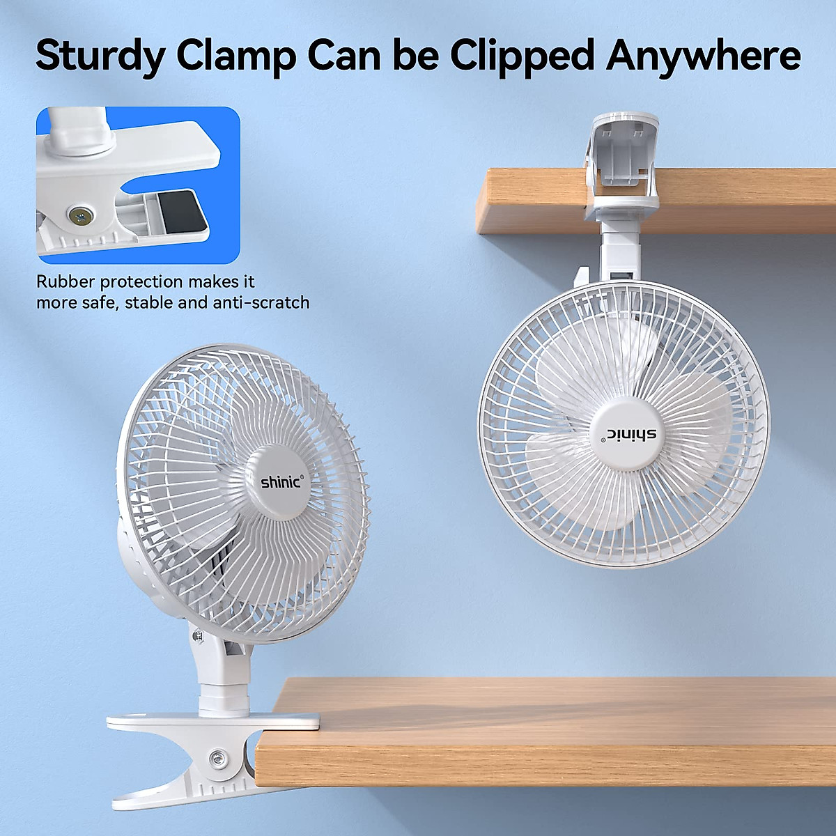 shinic 6-inch Clip on Fan with Strong Clamp,Powerful Airflow,Adjustable Tilt,Quiet Cooling Table-Top&Clip Fan with 6 ft Cord for Home,Office,Car,Garage,Gyms and Workshops(1pcs, White)
