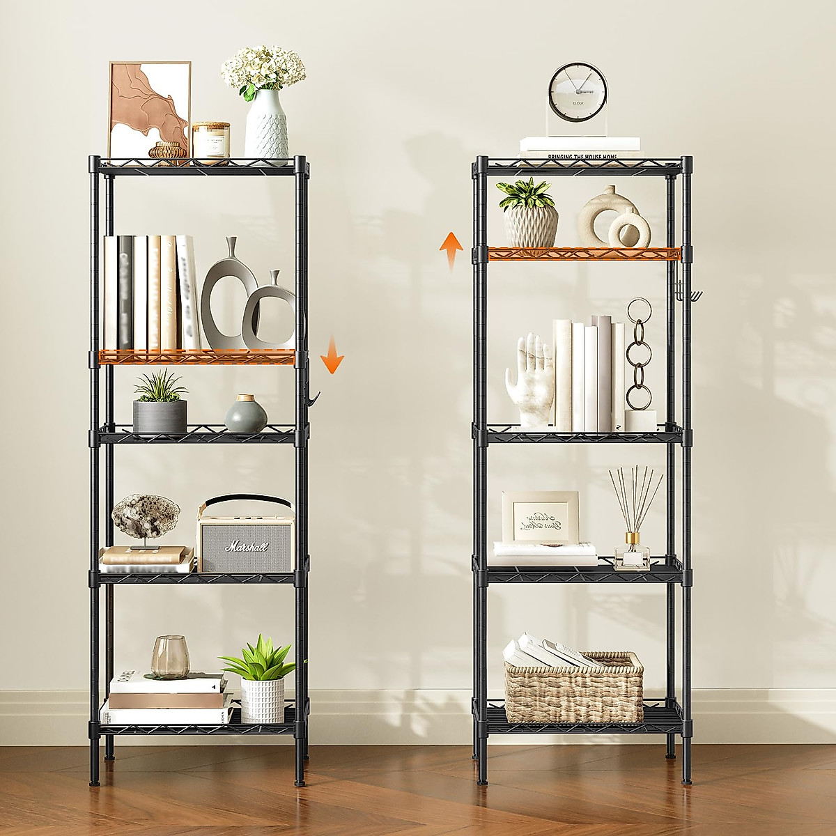 HOOBRO 5-Tier Storage Rack, Wire Shelving Unit with Adjustable Shelves, Standing Metal Shelf with Removable Drawer and 5 Hooks for Bathroom, Living Room, Bedroom, Kitchen, Black BK25CJ01