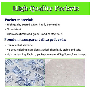 Premium Silica Gel Desiccant Packs 1 Gram 100 Packets Moisture Absorbers Dehumidifier Oil Resistant Food Pharmaceutical Contact Safe for Storage