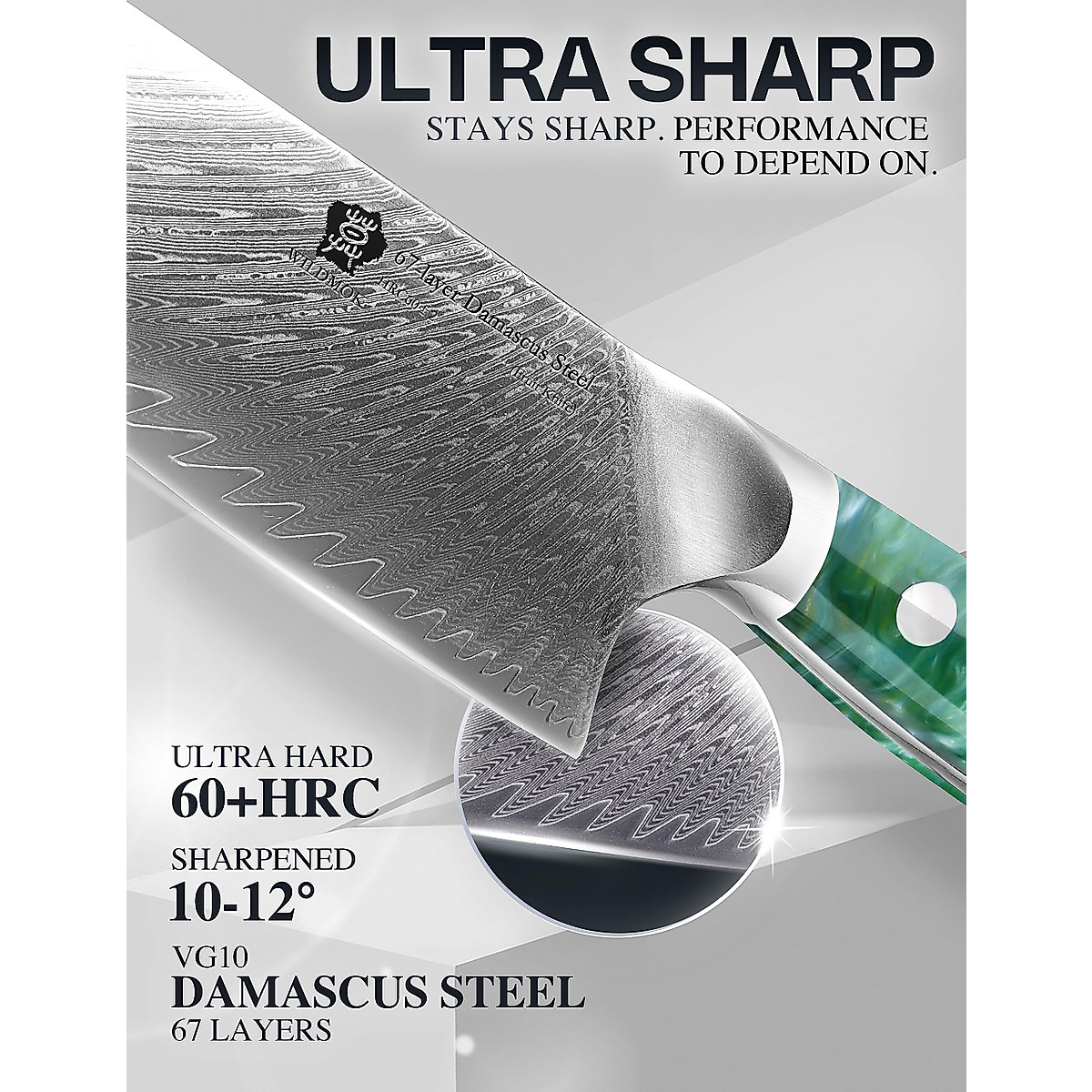 WILDMOK Chef Knife, 8 inch Damascus Japanese Kitchen Cooking Knife,Japanese VG10 Steel Green Resin Handle kitchen knives,Damascus chef's knives Including Gift Box