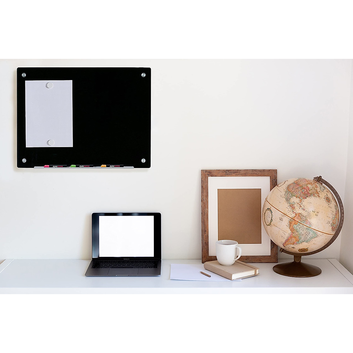 Audio-Visual Direct Magnetic Black Glass Dry-Erase Board Set - 3' x 2' - Includes Magnets, Hardware & Marker Tray