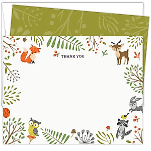 Woodland Animals Baby Shower Thank You Cards. Set of 25 5.5” x 4.25” Flat Note Cards and A2 White Envelopes. Printed on Heavy Card Stock.