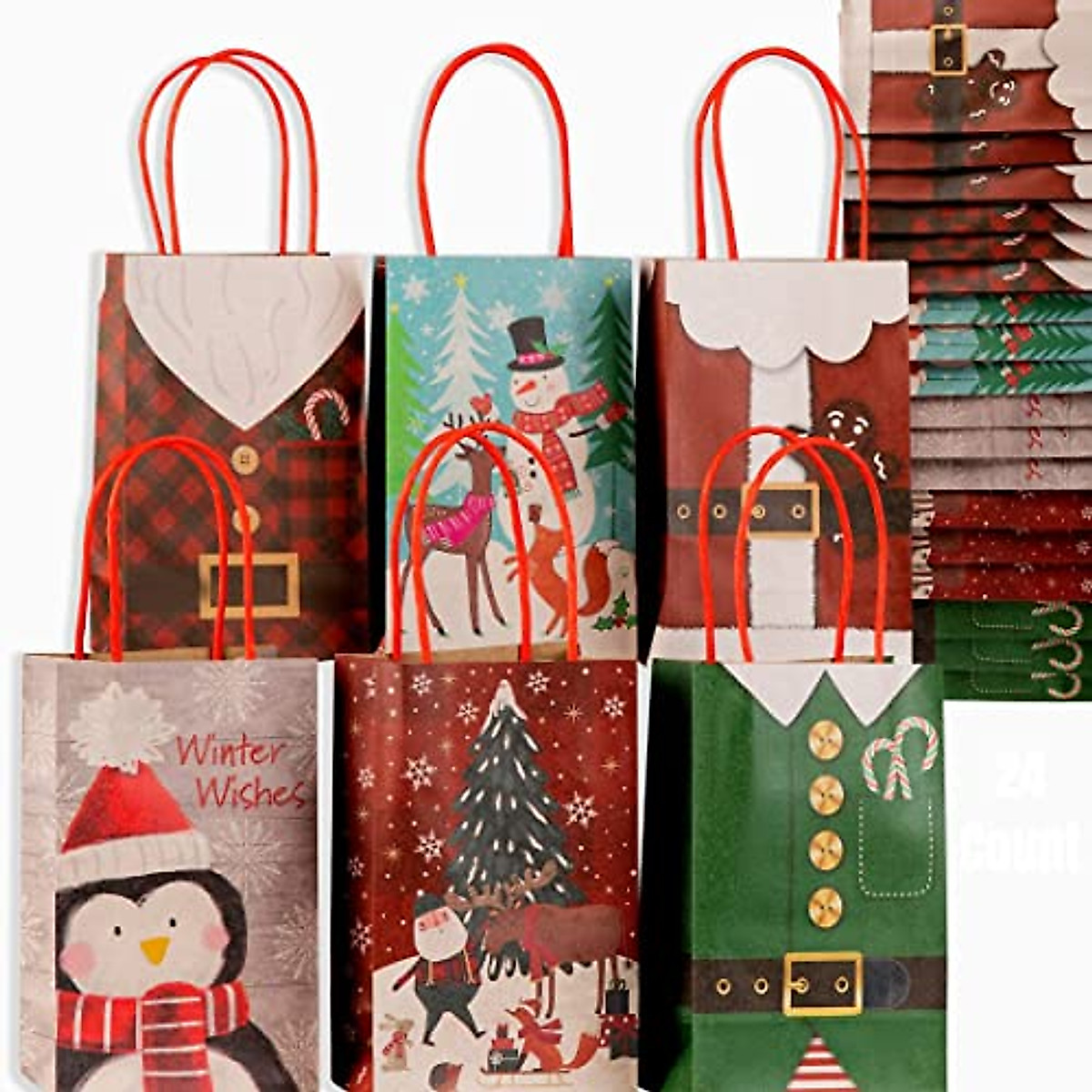 Plum Designs Small Christmas Gift Bags Bulk-24pcs Small Christmas Goodie Bags For kids,6 Styles Cute Christmas Paper Gift Bags Set- Party Favors Holiday Gift Bags Small Xmas Gift Bags 4”x6.5”x2.75