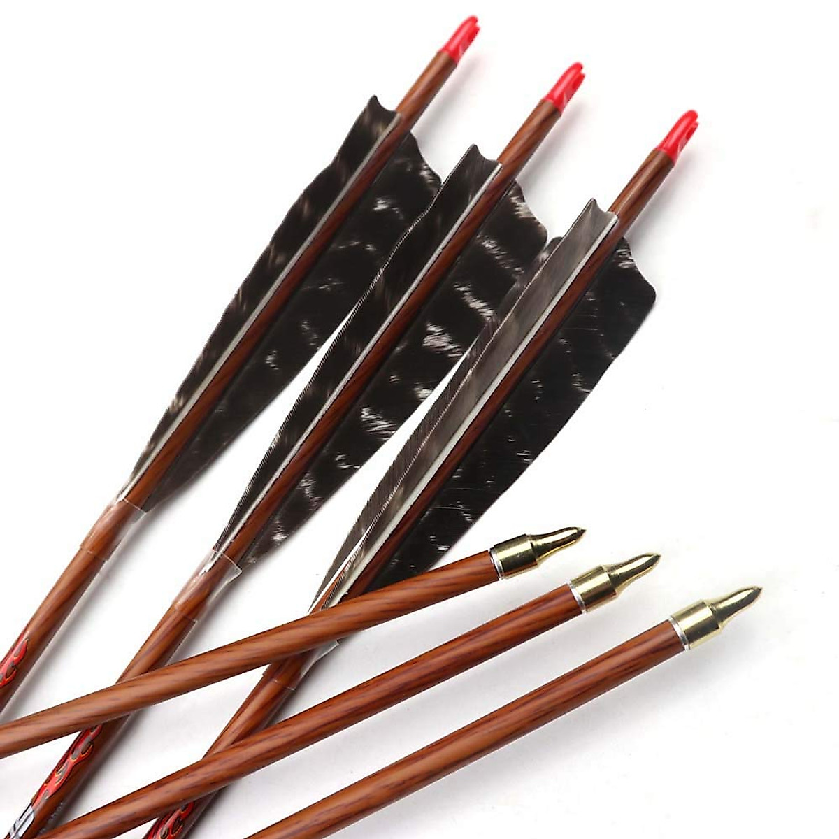 32" Carbon Arrows 400 Spine Wood-Like Arrow with 5" Real Feather Fletchings Removable Field Tips for Archery Target Practice Hunting Compound Recurve Bow Longbow 6 Pack