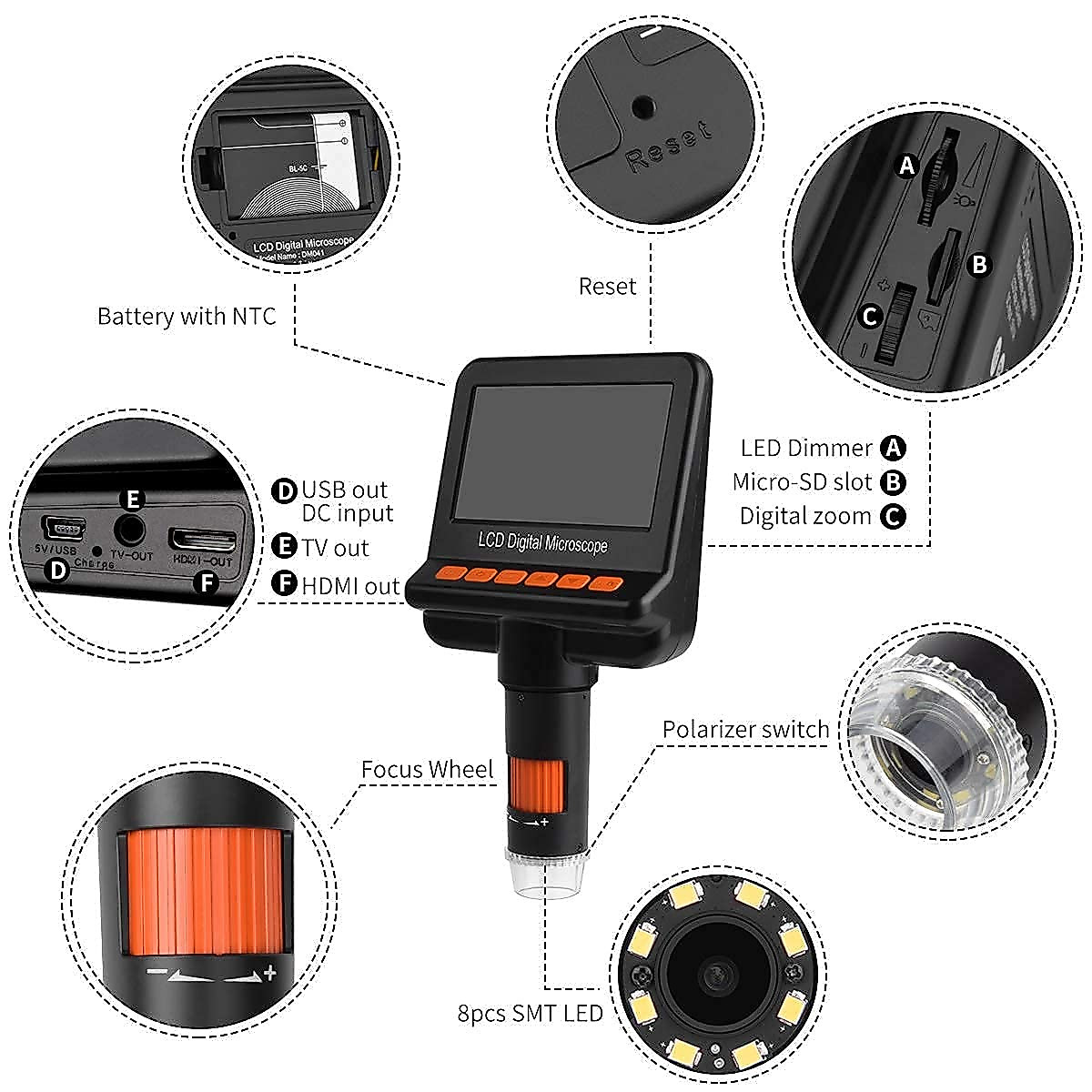 LCD Digital Microscope with Polarizer, HD Output 12MP Digital 1200x Magnification for SMD Soldering Work Jewelers Coins Collection
