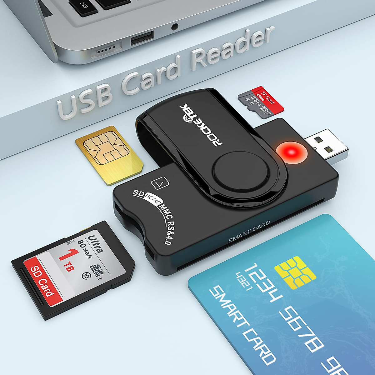 USB Multi Card Reader, 4 in 1 Memory Card Reader for SD SDXC SDHC Micro SD Micro SDXC Micro SDHC MS MMC UHS-1 SIM, DOD Military USB CAC Card Reader, CAC Reader for Mac OS, Windows, Linux