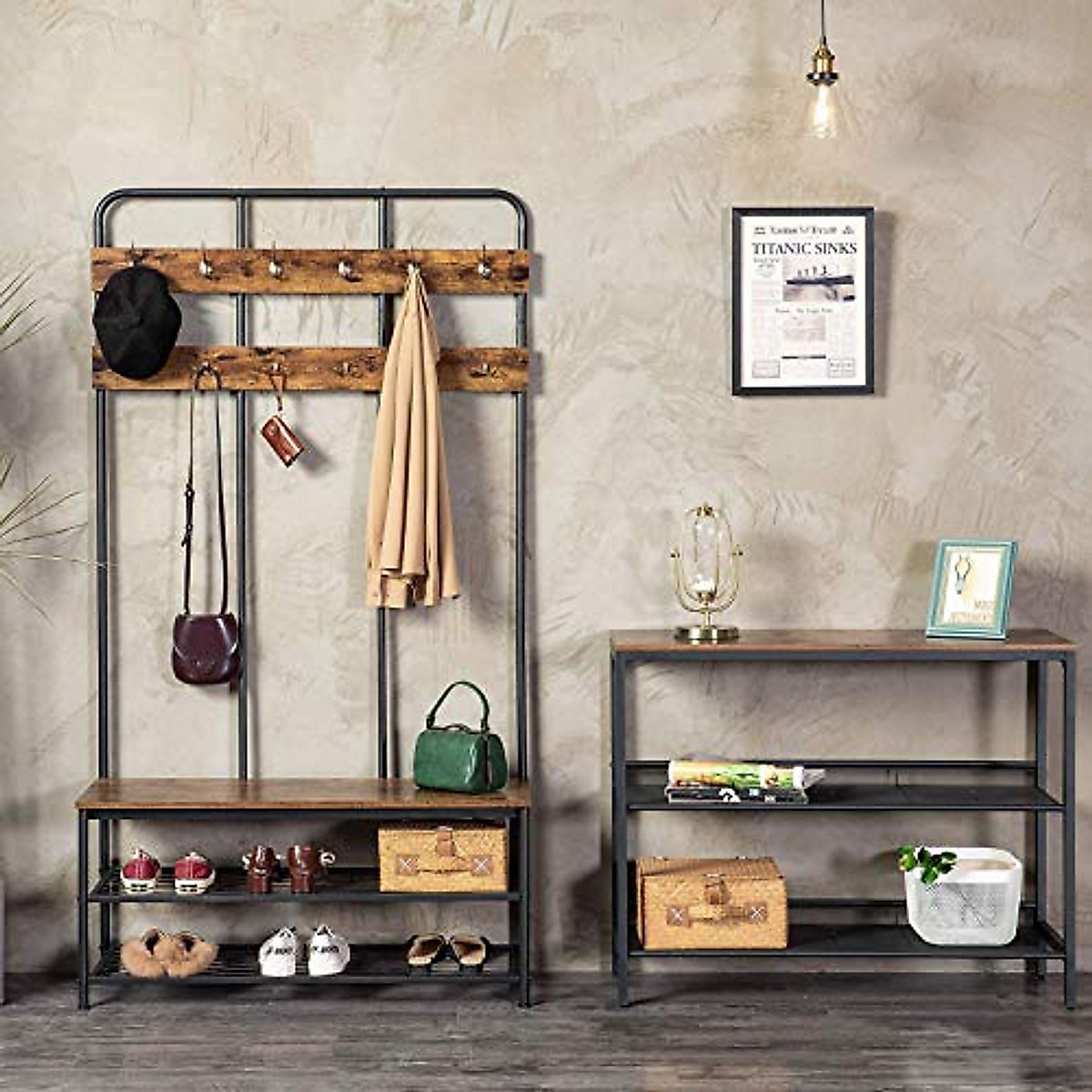 HOOBRO Hall Tree and Shoe Bench Bundle, Coat Rack Shoe Bench, 3-Tier Shoe Rack, Industrial Shoe Storage Unit Flat & Slant Adjustable Shoe Organizer Shelf