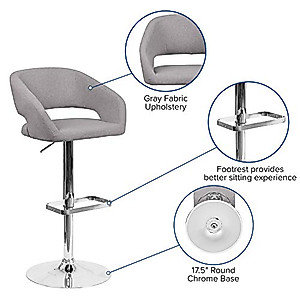 Flash Furniture Erik Comfortable & Stylish Contemporary Barstool with Rounded Mid-Back and Foot Rest, Adjustable Height - Gray Fabric with Chrome Base