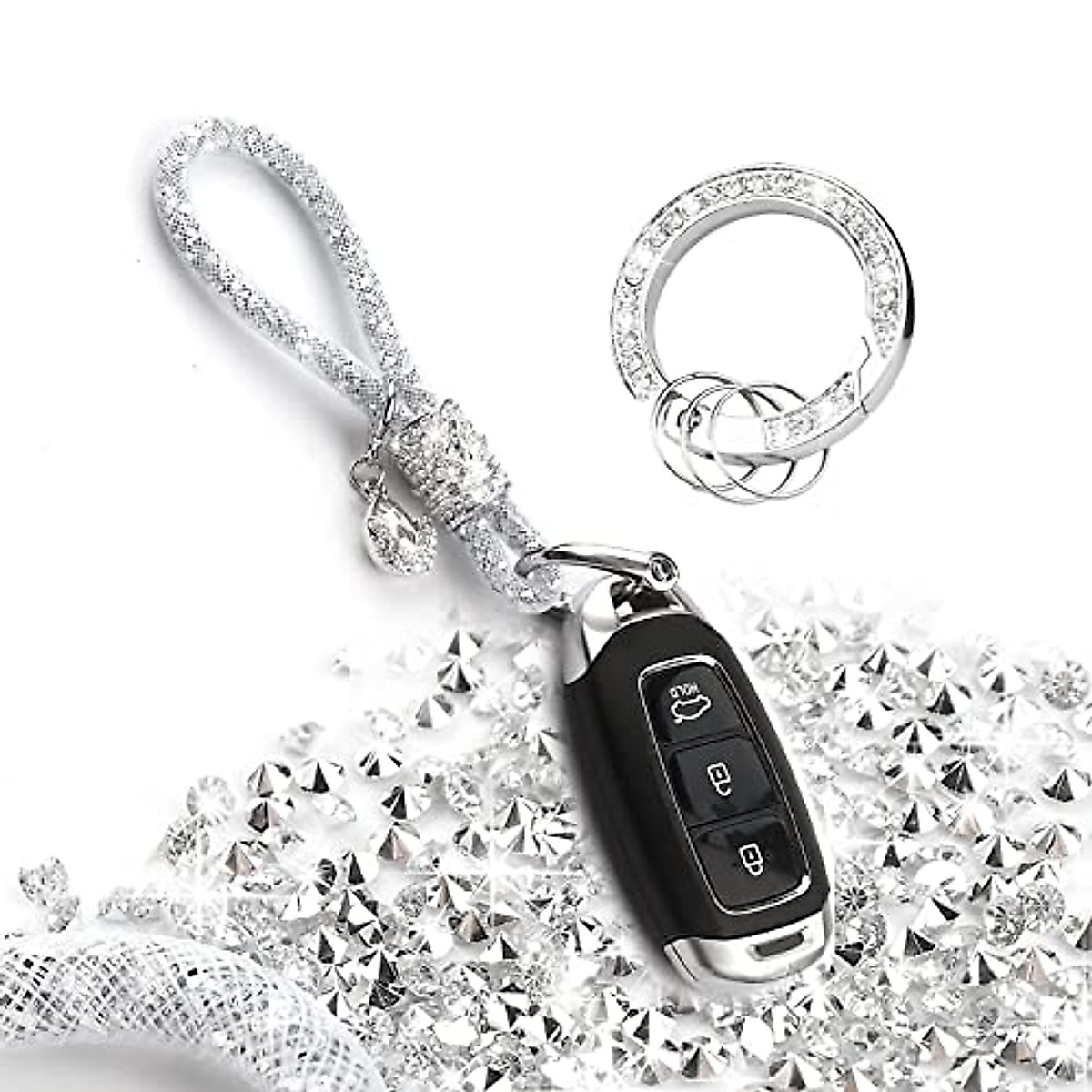 cueclue 1 PC Car Bling Rhinestone Key Chain, Crystal Car Key Chain for Women, Fashionable Keychain Ring Accessories (Silver)