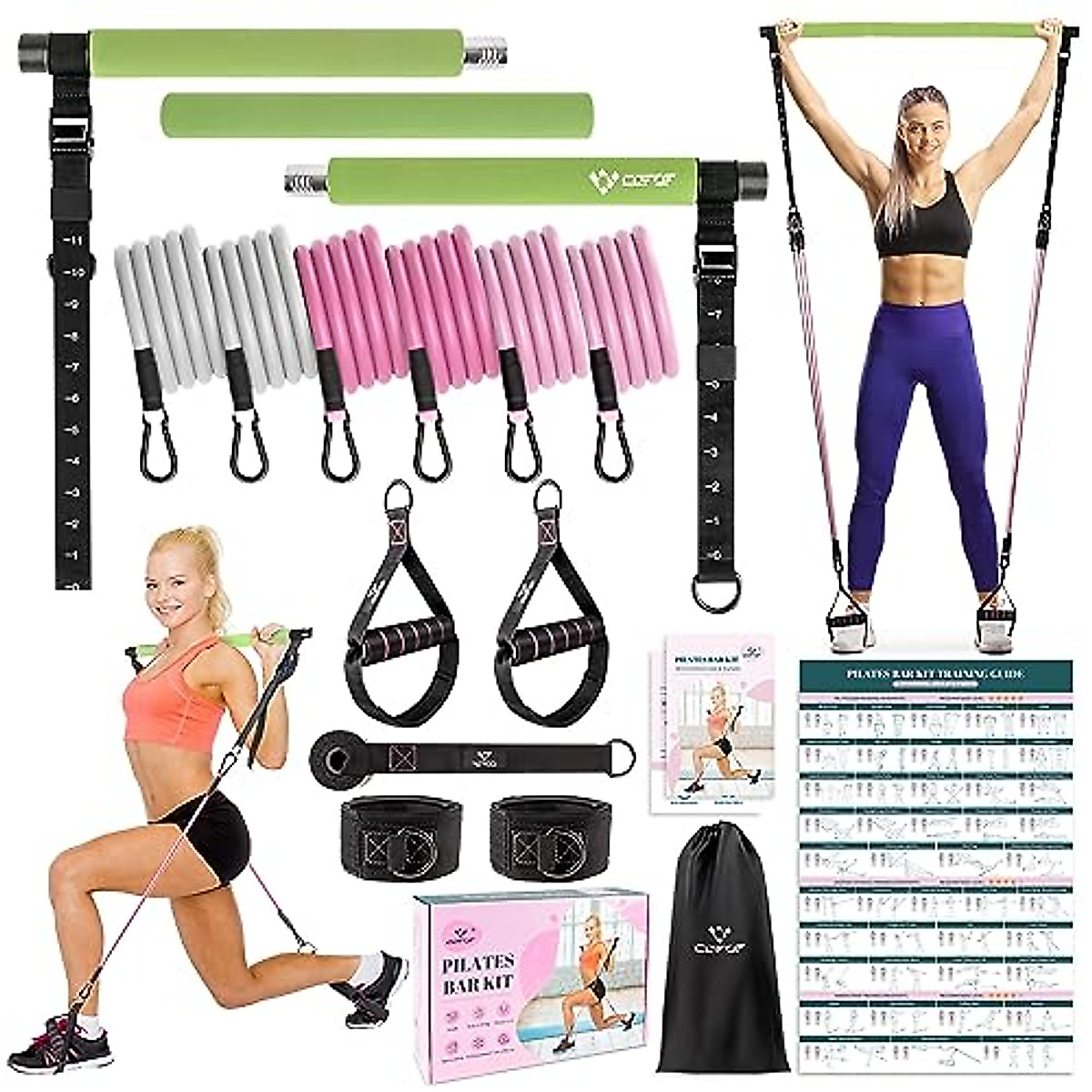 COFOF Pilates Bar Kit with Resistance Bands, Multifunctional Yoga Heavy-Duty Metal Adjustment Buckle, Portable Home Gym for Women Full Body Workouts(20-150LBS)-Forest