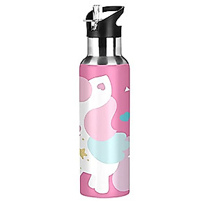 Cute Unicorn Pink Kids Water Bottle Thermos with Straw School Vacuum Insulated Stainless Steel Thermos Bottle Cup Leakproof Sport Travel Cup Mug Handle for Girls Women Biking 20 OZ