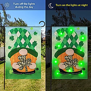 St Patrick's Day Garden Flag with Green Led Lights Good Shamrock Luck Truck Gnome 12 X 18 Inch Double Sided Garden Flag Durable Burlap Shamrock Garden Flag for Lawn Party Outdoor Decorations (Gnome-3)