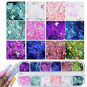AddFavor 4 Boxes Holographic Nail Sequins Shapes Mixed Iridescent Nail Glitter Flakes Butterfly Hearts Star DIY Design Manicure Decorations Sets for Nail Art/Craft/Makeup (Style A)