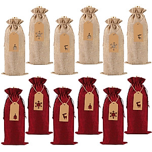 JOICEE 12pcs Burlap Wine Gift Bags, Burlap Jute Wine Bottle Covers Bags Reusable Jute Wine Bags with Drawstring for Christmas Wedding Party